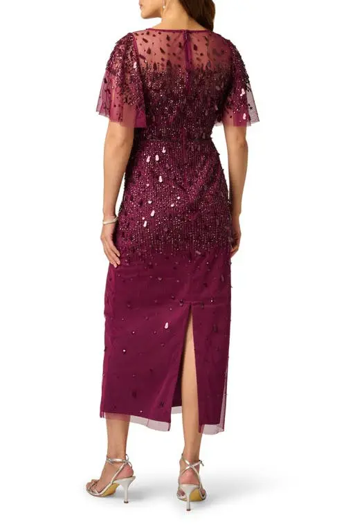 Adrianna Papell Beaded Flutter Sleeve Mesh Midi Dress