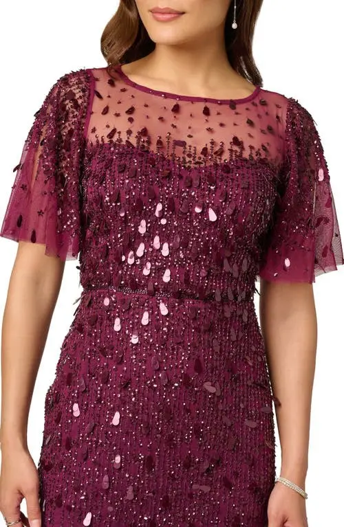 Adrianna Papell Beaded Flutter Sleeve Mesh Midi Dress