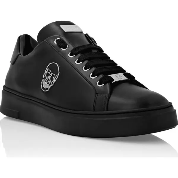 Philipp Plein Low-top Leather Sneakers With Skull Emblem - Black/black