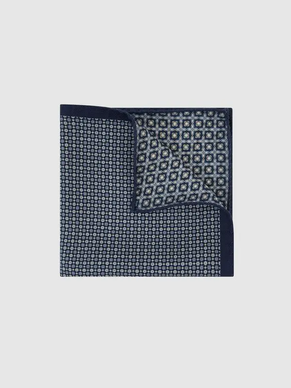 REISS Fiorenzo Silk Geometric Floral-print Pocket Square - Navy