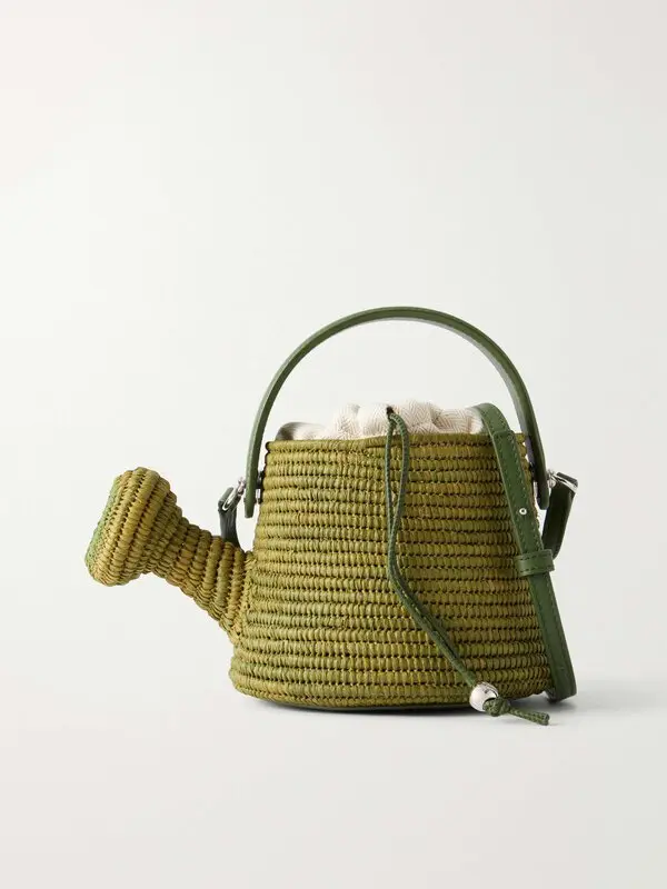 Loewe Paula's Ibiza Watering Can Leather-trimmed Raffia Messenger Bag - Green