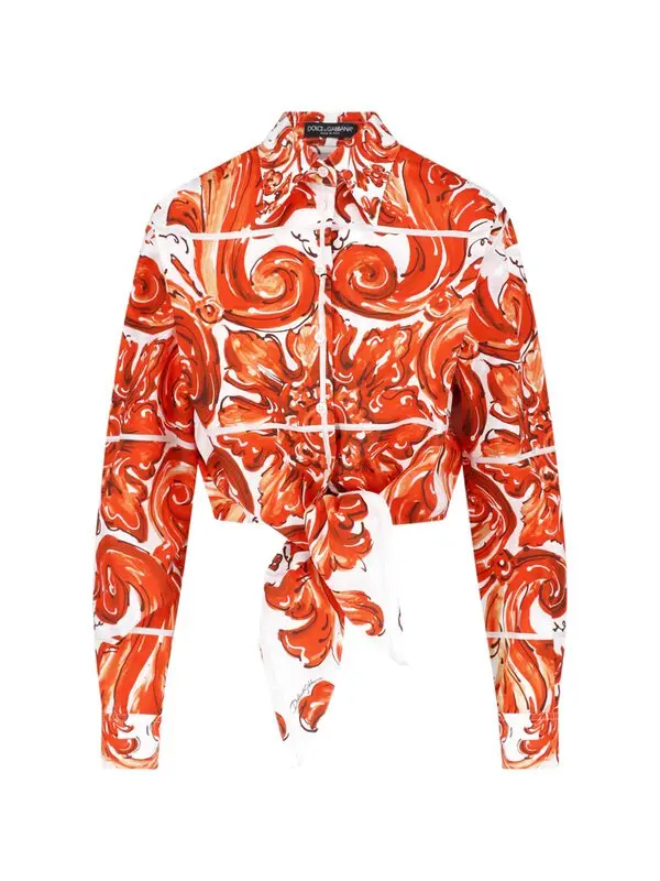 Dolce & Gabbana Majolica Print Cotton Poplin Crop Shirt