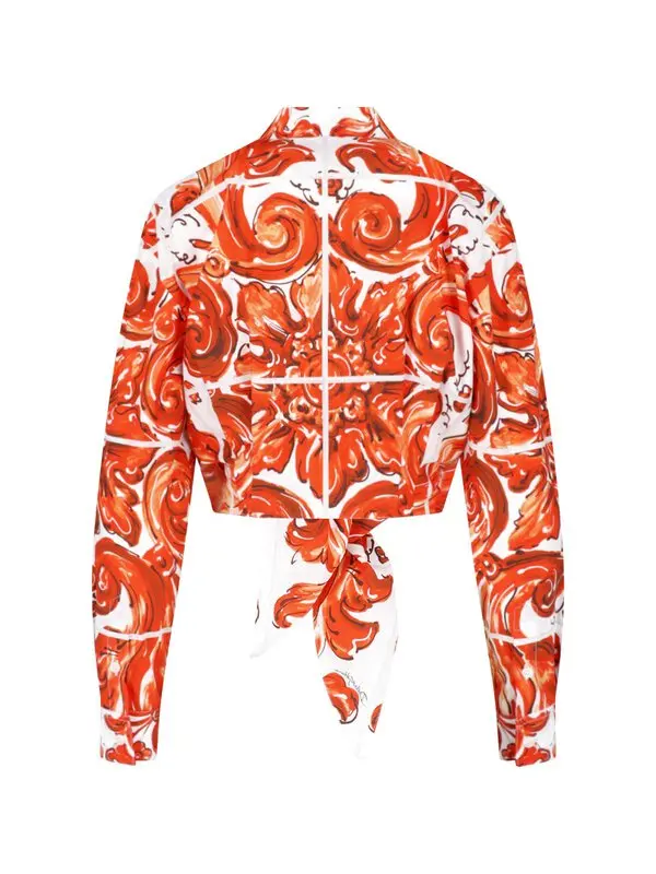 Dolce & Gabbana Majolica Print Cotton Poplin Crop Shirt