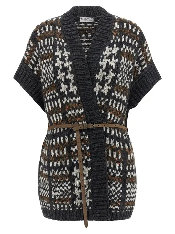 Brunello Cucinelli Houndstooth-pattern Short-sleeve Cardigan - Black