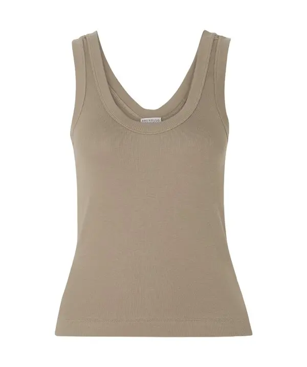 Brunello Cucinelli Embellished Stretch Ribbed Jersey Tank Top - Light Brown