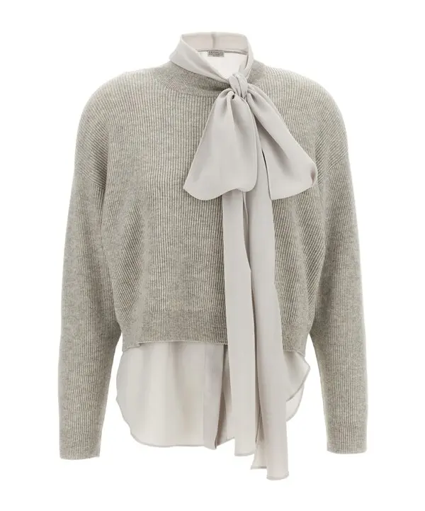 Brunello Cucinelli Monile Detailed Knit Sweater With Attached Shirt - Grey
