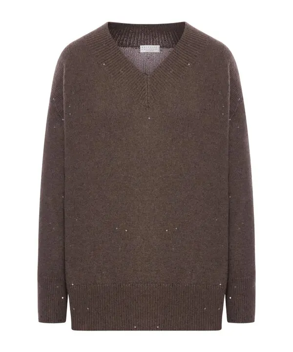 Brunello Cucinelli V-neck Sequin Embellished Knitted Jumper - Brown