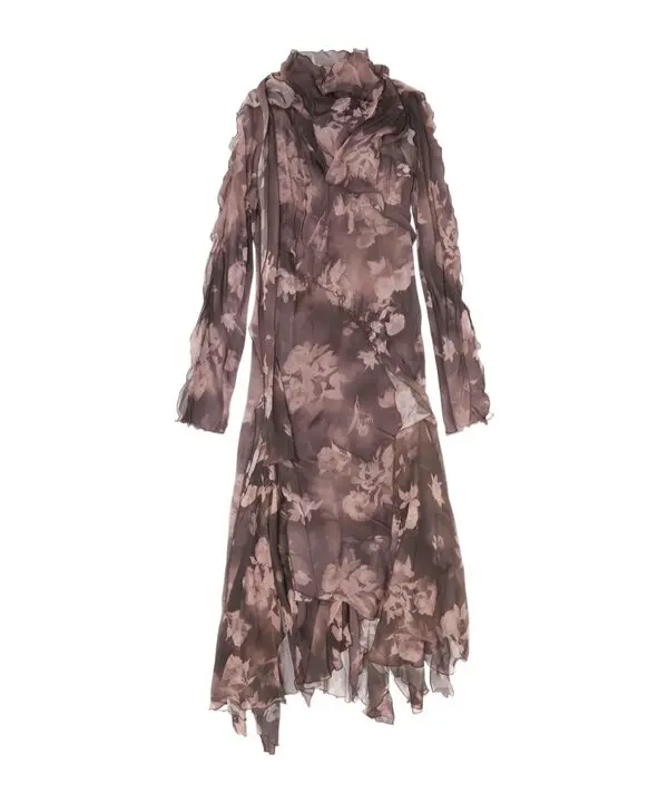 DIESEL® Asymmetric Midi Dress In Chiffon And Silk-crepe - Brown