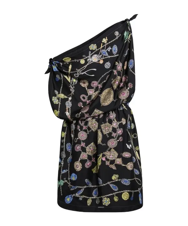 Versace Silk Blend Twill Dress With Broken Jewels Print - Black