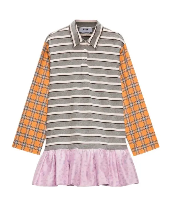 MSGM Striped And Checked Panel Mini Dress - Gray