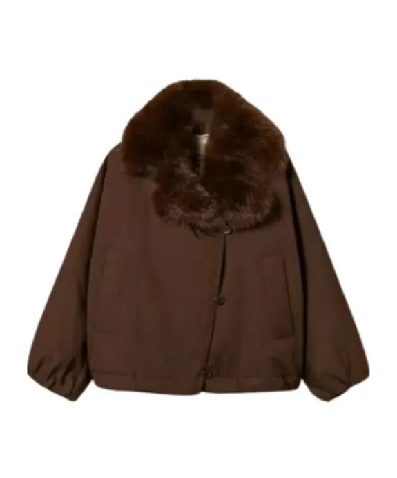TWINSET Faux Fur Collar Gabardine Jacket