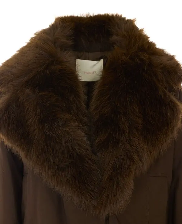 TWINSET Faux Fur Collar Gabardine Jacket