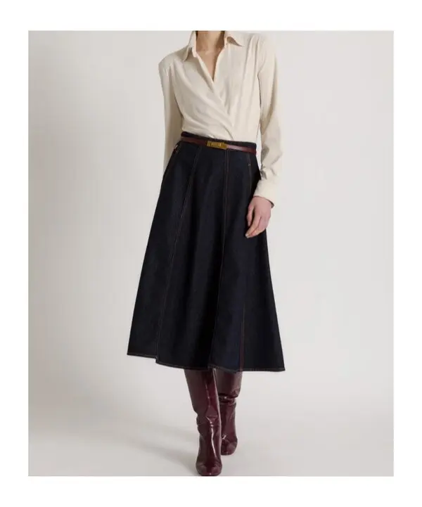Alberta Ferretti Flared Denim Midi Skirt With Af Logo