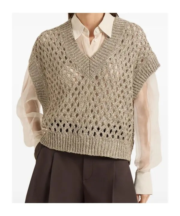 Brunello Cucinelli V-neck Sleeveless Openwork Knit Top