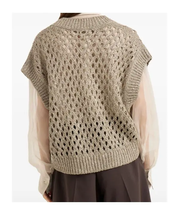 Brunello Cucinelli V-neck Sleeveless Openwork Knit Top