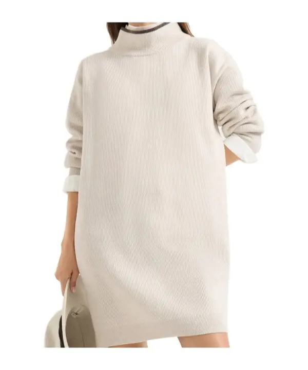 Brunello Cucinelli Ribbed High-neck Virgin Wool, Cashmere, And Silk Blend Knit Dress - No