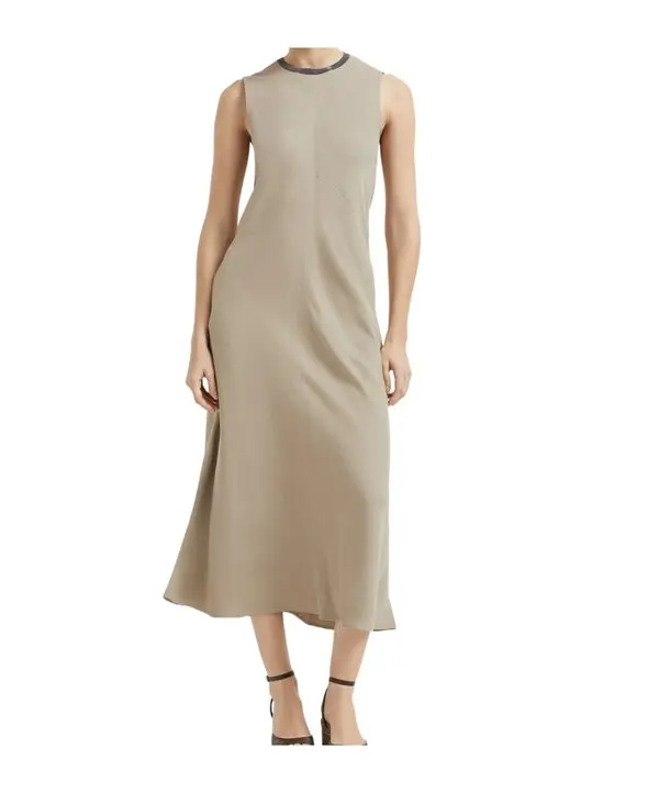 Brunello Cucinelli Crewneck Zip Back Twill Dress - Cold Beige