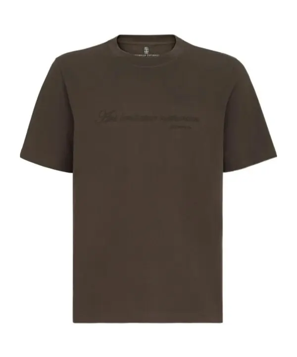 Brunello Cucinelli Cotton-jersey Crew-neck T-shirt With Embroidery And Print - Brown