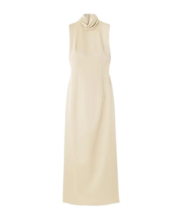 Brunello Cucinelli Sleeveless Satin Gown With Plunging Neckline And Pleats - Gold