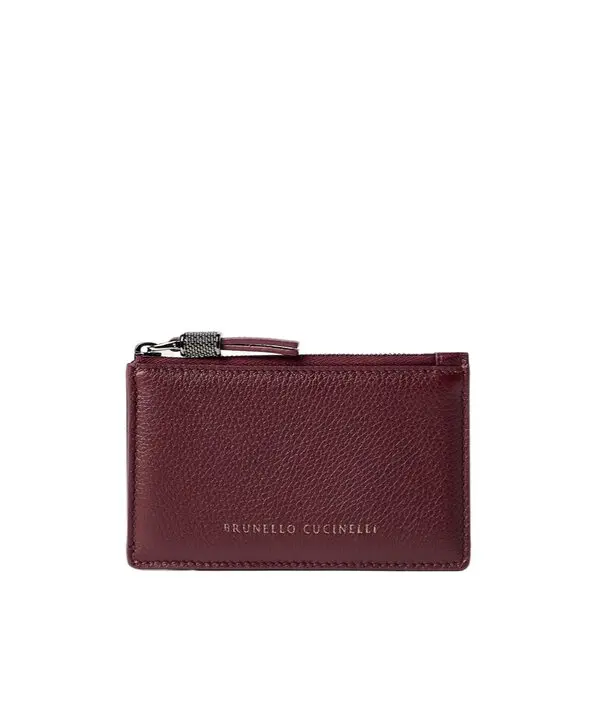 Brunello Cucinelli Grained Leather Card Case With Shiny Zipper Pull - Amaranth