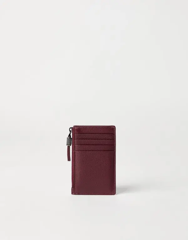 Brunello Cucinelli Grained Leather Card Case With Shiny Zipper Pull