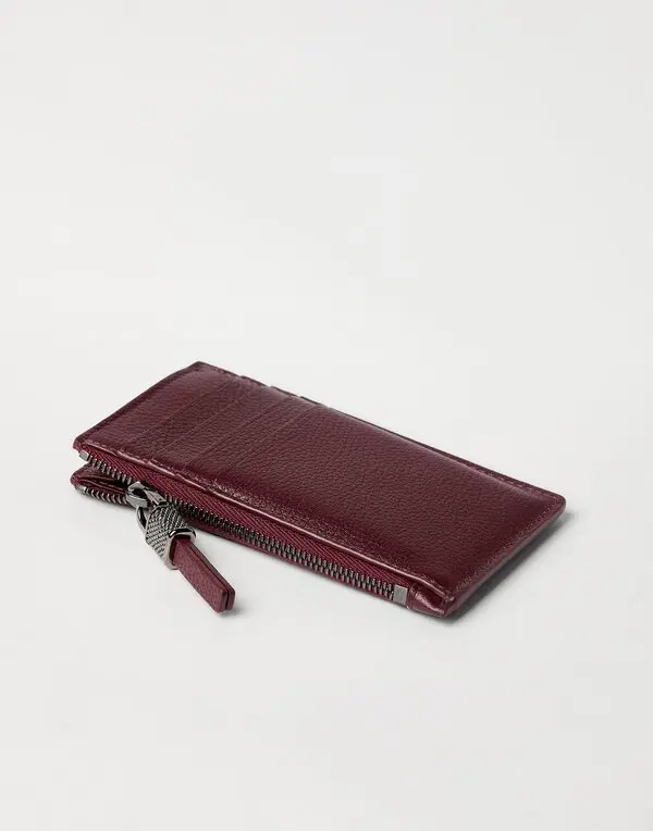 Brunello Cucinelli Grained Leather Card Case With Shiny Zipper Pull