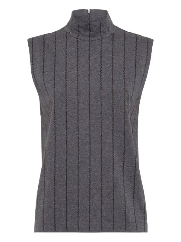 Brunello Cucinelli Sleeveless High Neck Sequined Stripe Top - Grey