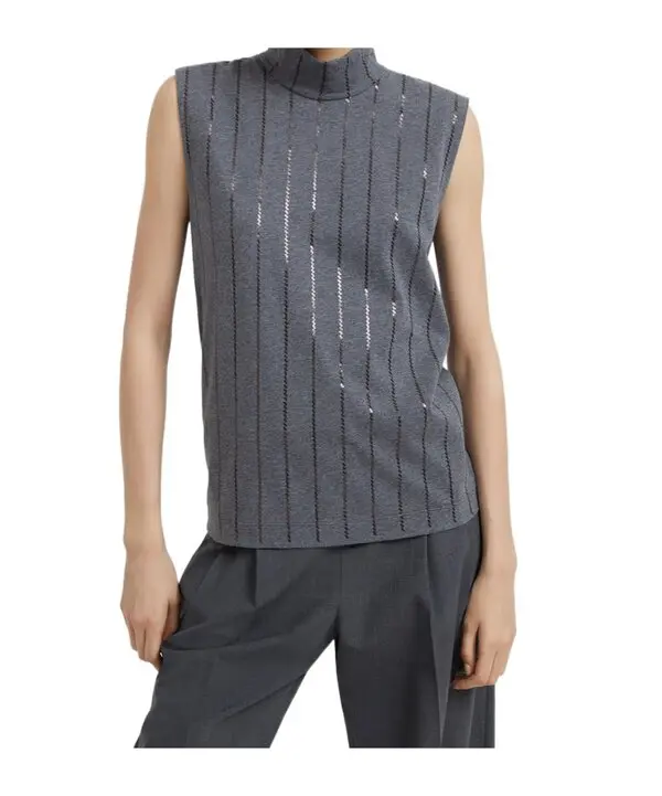 Brunello Cucinelli Sleeveless High Neck Sequined Stripe Top
