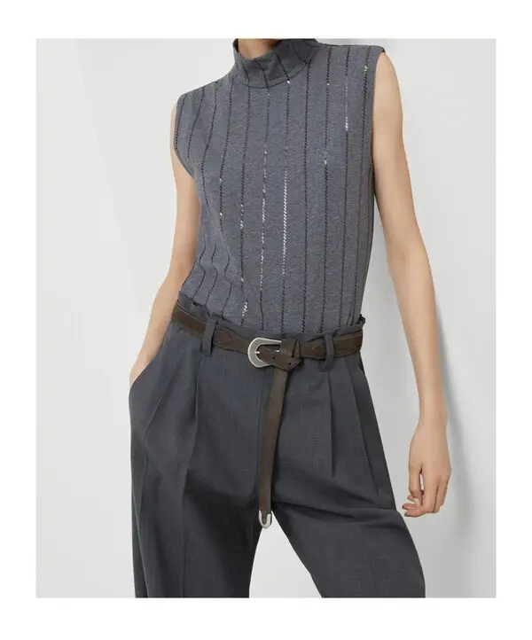 Brunello Cucinelli Sleeveless High Neck Sequined Stripe Top