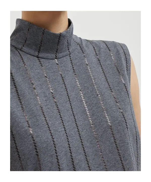Brunello Cucinelli Sleeveless High Neck Sequined Stripe Top