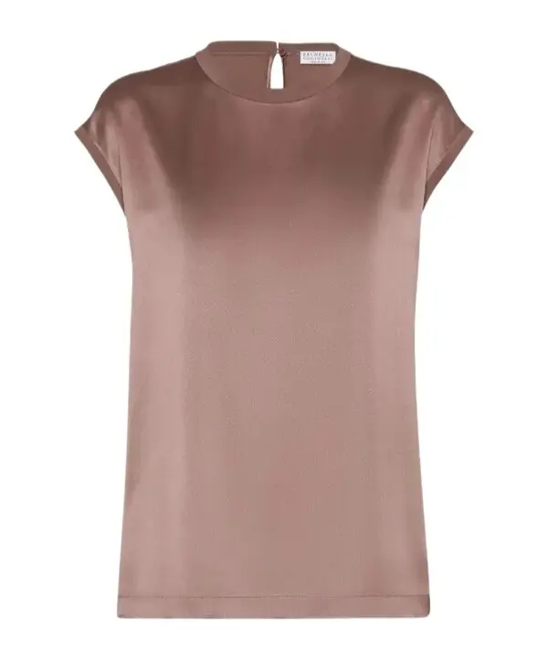 Brunello Cucinelli Crewneck Satin T-shirt With Monili Decoration - Brown