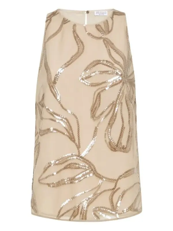 Brunello Cucinelli Floral Sequin Embellished Silk Top - Camel-colored