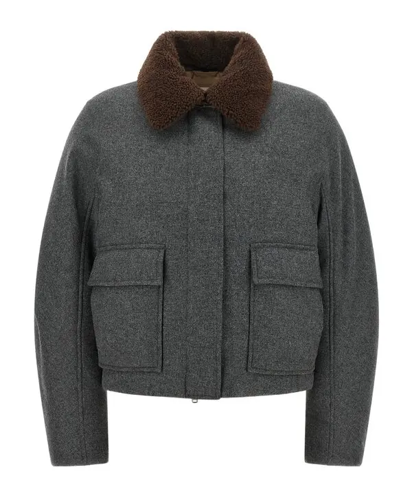 Brunello Cucinelli Cropped Shearling Collar Jacket - Grey