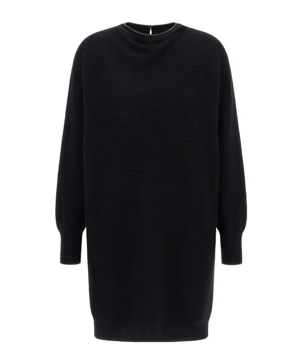 Brunello Cucinelli Ribbed Knit Long Sleeve Dress - Black