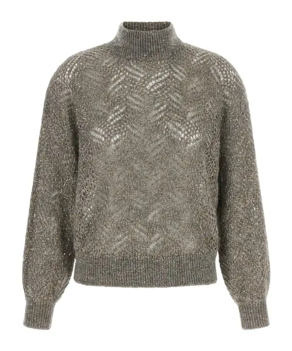 Brunello Cucinelli Metallic Abstract Leaf Sweater - Gray