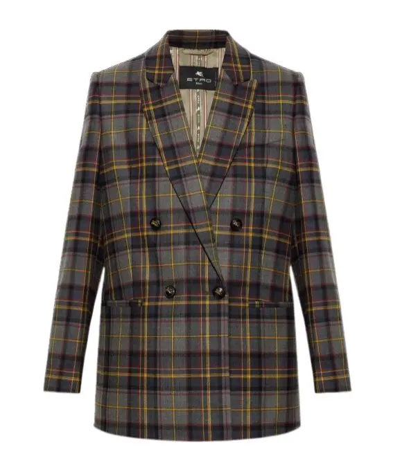 Etro Double-breasted Stretch Wool Jacket With Check Motif