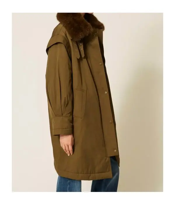 TWINSET Coat With Notched Collar And Pockets In Tech Fabric Beige