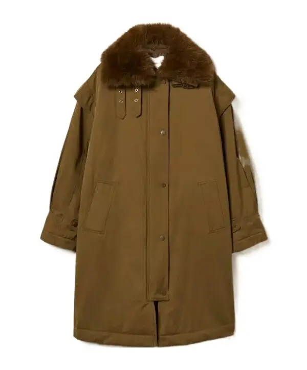 TWINSET Faux Fur Collar Gabardine Parka Coat - Green
