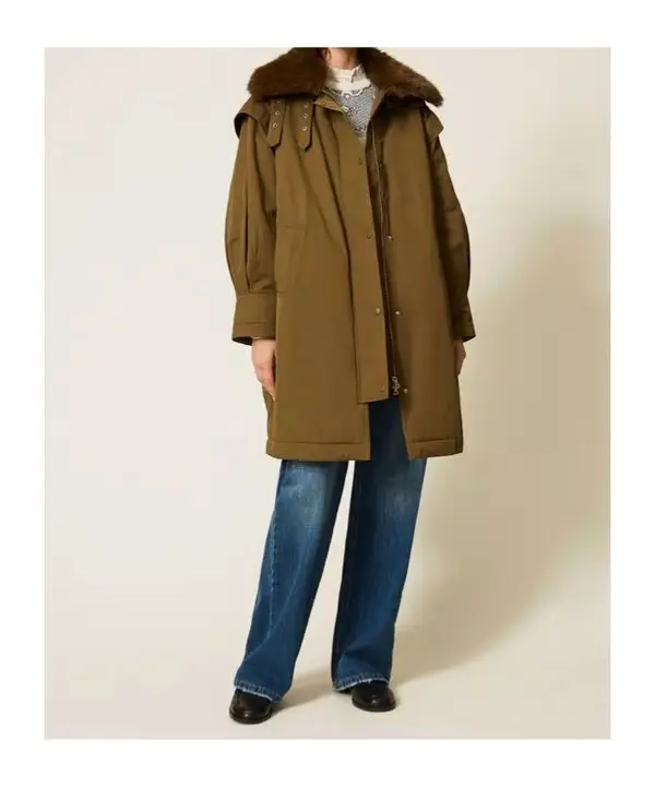 TWINSET Faux Fur Collar Gabardine Parka Coat
