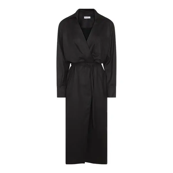 Brunello Cucinelli Long Sleeved Wrap Detailed Midi Dress - Black
