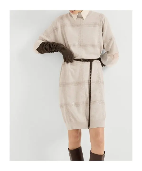 Brunello Cucinelli High Neck Knitted Mini Dress With Geometric Sequins