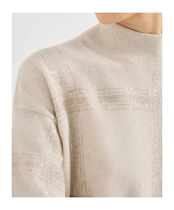 Brunello Cucinelli High Neck Knitted Mini Dress With Geometric Sequins