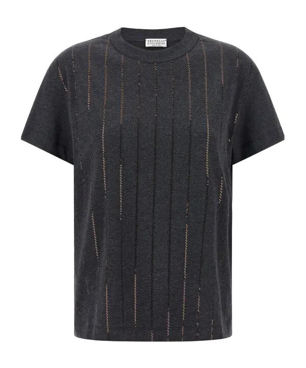 Brunello Cucinelli Dazzling Chalk Stripe Embroidered T-shirt