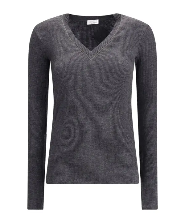Brunello Cucinelli Shiny Trim Ribbed V-neck Top