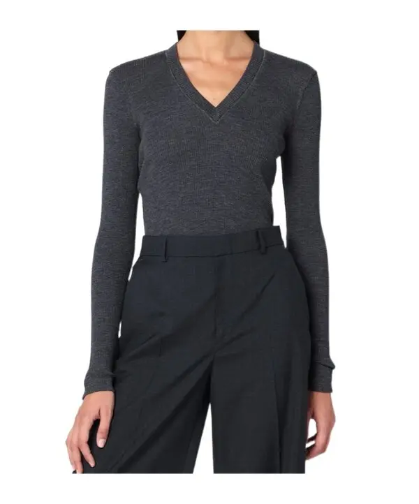Brunello Cucinelli Shiny Trim Ribbed V-neck Top