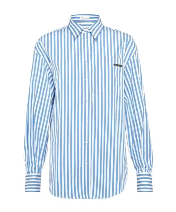 Brunello Cucinelli Striped Long Sleeve Shirt With Lapel Collar - Blue