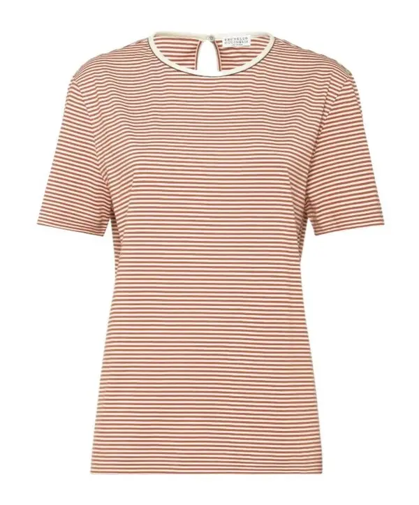 Brunello Cucinelli Striped Jersey T-shirt With Shiny Neck Detail - Red