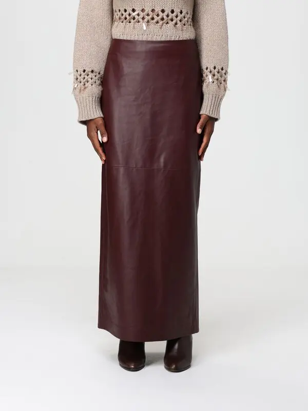 Brunello Cucinelli Slit Detailed Leather Midi Skirt