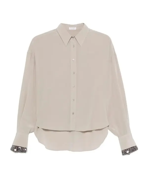 Brunello Cucinelli Sequin Embellished Silk Shirt - Beige