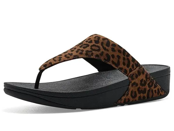 Fitflop Lulu Suede Leopard Toe Post Sandals Wedge Shoes Tan/black - Multi